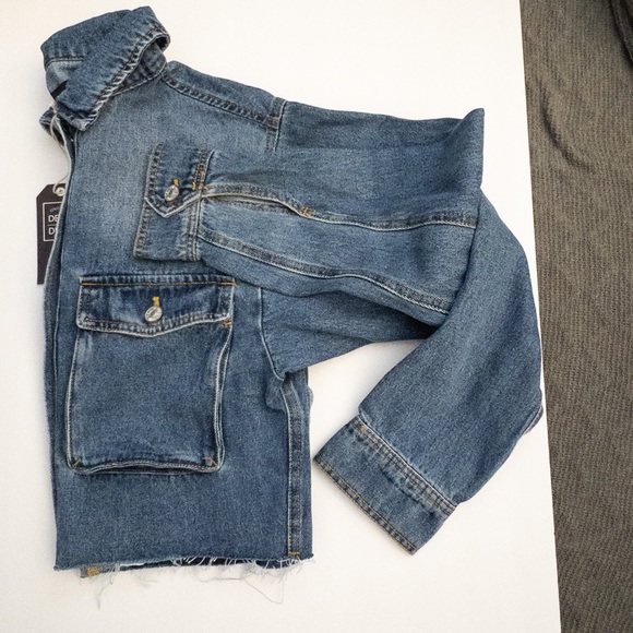 Jackets & Coats | Denim Jacket Cropped Cargo Pocket Raw Hem Blue New ...
